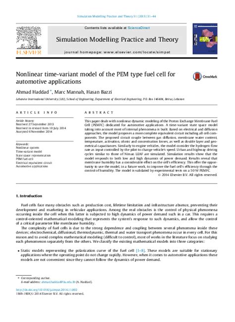 Pdf Nonlinear Time Variant Model Of The Pem Type Fuel Cell For