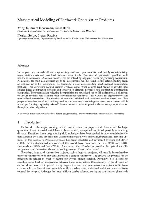 Pdf Mathematical Modeling Of Earthwork Optimization Problems