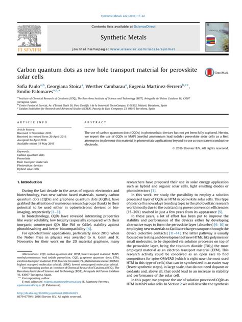 Carbon Quantum Dots As New Hole Transport Material For Perovskite Solar