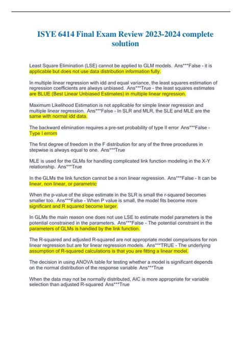 ISYE 6414 Final Exam Review Complete Solution ISYE 6414 Stuvia US