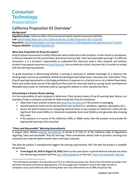 California Proposition 65 Overview Pdf Occupational Safety And