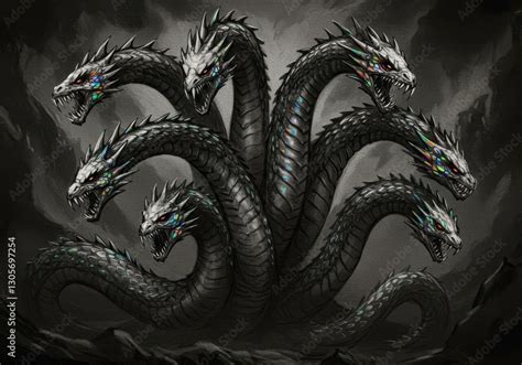 Mythical Multi Headed Hydra Dragon With Metallic Scales In Monochrome
