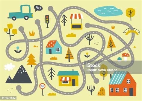 아이들을위한 귀여운 가을 미니 미로 게임 아이들을위한 자동차가있는 가을 마을 미로 단일 차선 도로에 대한 스톡 벡터 아트 및 기타 이미지 단일 차선 도로 미로찾기