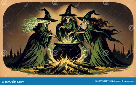 Three Witches In Long Green Robes And Pointed Hats Brew A Potion In A