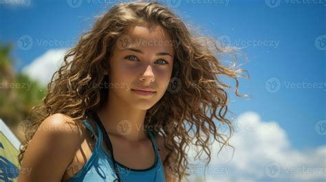 Teenage Girl In A Swimsuit With A Surfboard Generative Ai 30503298