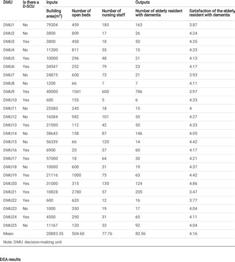 Basic Information Of Inputs And Outputs Of The 25 Dmus Facilities Download Scientific Diagram