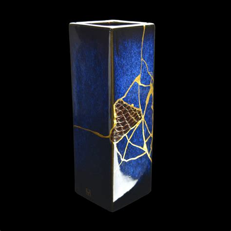 Blue Kintsugi Vase With Crocodile Leather