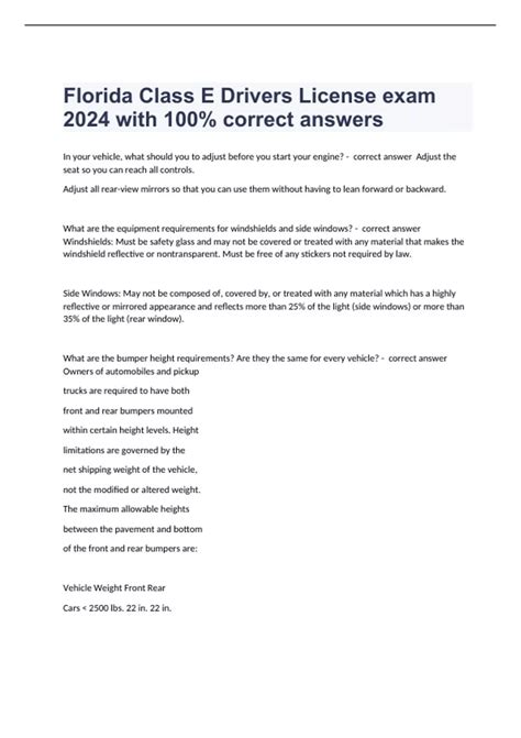 Florida Class E Drivers License Exam 2024 With 100 Correct Answers