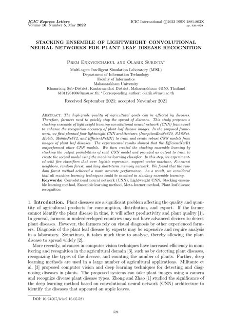 PDF Stacking Ensemble Of Lightweight Convolutional Neural Networks For Plant Leaf Disease