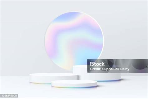 현실적인 흰색 실린더 받침대 연단 세트와 원 창에 파란색 홀로그램추상 3d 룸 제품 디스플레이 프레젠테이션을 위한 최소한의
