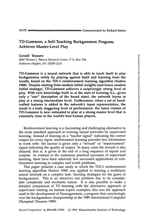 Td Gammon A Self Teaching Backgammon Program Achieves Master Level