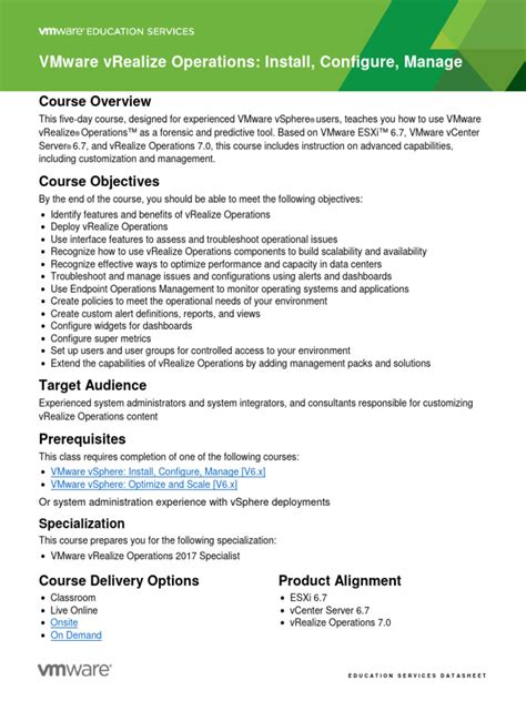 Edu Datasheet Vmware Vrealize Operations Install Configure Manage V73 Pdf Data Center