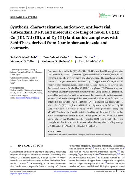 Synthesis Characterization Anticancer Antibacterial Antioxidant Dft And Molecular Docking