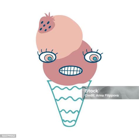 미친 킥킥 웃음 얼굴 딸기 아이스크림 콘 캐릭터 티 스티커 포스터를 위한 완벽한 인쇄 장식과 디자인을 위한 만화 벡터 삽화