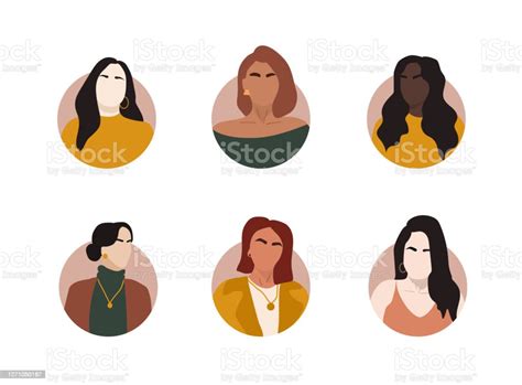 큰 다양한 비즈니스 팀의 다른 추상적 인 여성 초상화를 설정합니다 즐거운 동료의 번들 여성 만화 캐릭터의 컬렉션 다양한 국적 둥근 프레임에서 아바타 세트 개체 그룹에 대한