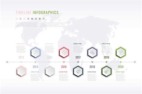 육각형 요소 연도 표시 및 배경에 세계지도와 기업 역사 인포 그래픽 현대의 현실적인 3d 비즈니스 데이터 시각화 벡터 회사 프리젠 테이션 슬라이드 템플릿 Eps 10 0명에