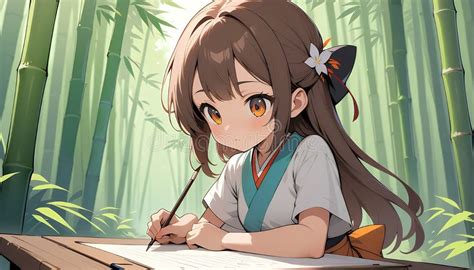 Adorable Anime Girl Writing In Bamboo Forest 2d Japanese Kawaii