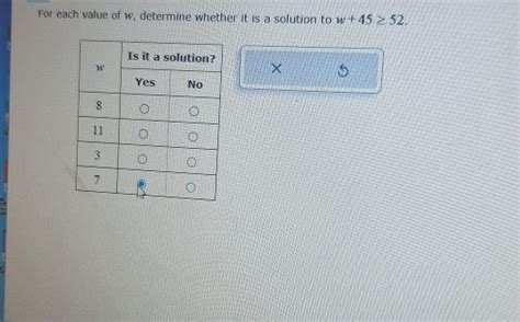 Solved: For each value of w, determine whether it is a solution to w+45≥ 52. × [Math]