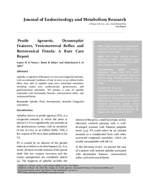 Pdf Penile Agenesis Dysmorphic Features Vesicoureteral Reflux And Rectovesical Fistula A