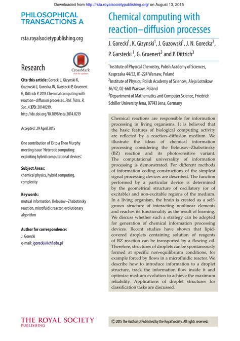 Pdf Chemical Computing With Reaction Diffusion Processes