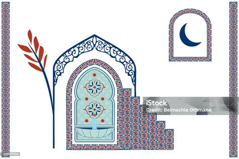 모로코 장면 세트 집 문 창문 및 전통적인 모자이크 패턴 이슬람 창과 문 모양 세트 아랍어 문과 창문의 실루엣 벡터 일러스트레이션 단일 이미지에 대한 스톡 벡터 아트 및