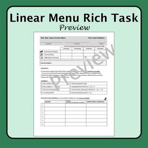Linear Functions Math Menu Task Creativity And Critical Thinking By Maths