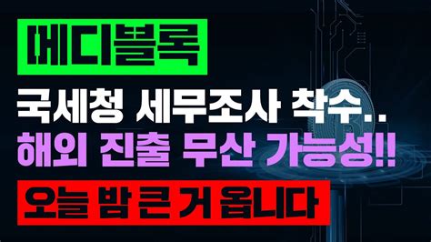 국세청 세무조사 착수해외 진출 무산 가능성 오늘 밤 큰 거 옵니다메디블록코인전망 메디블록장투 메디블록상폐 메디블록