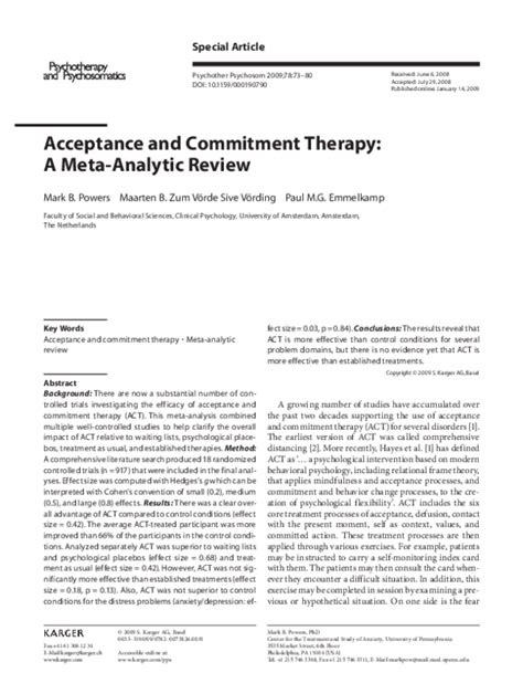 Pdf Acceptance And Commitment Therapy A Meta Analytic Review