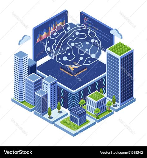 isometric smart city powered by ai brain neural vector image