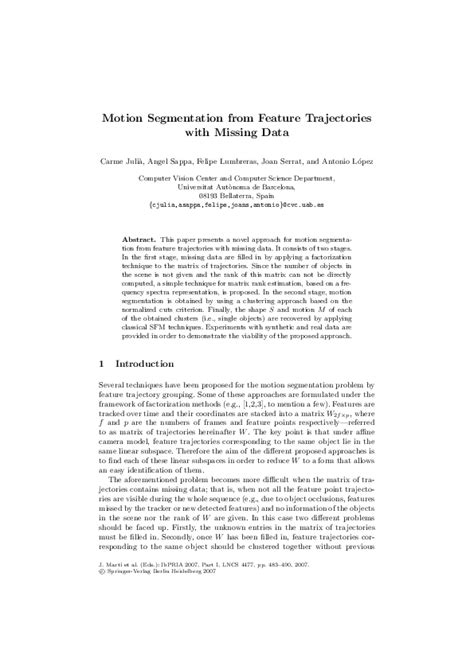 Pdf Motion Segmentation From Feature Trajectories With Missing Data