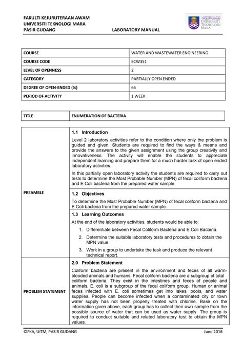 Lab Manual Level Enumeration OF Bacteria FAKULTI KEJURUTERAAN AWAM UNIVERSITI TEKNOLOGI