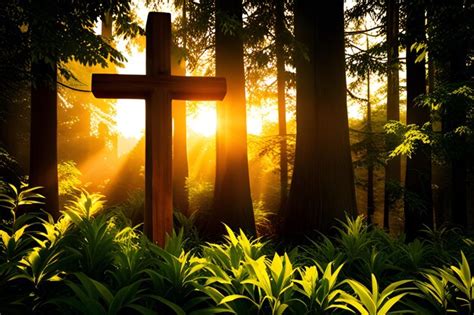 Premium Ai Image A Christian Cross In The Forest With The Sun Rays