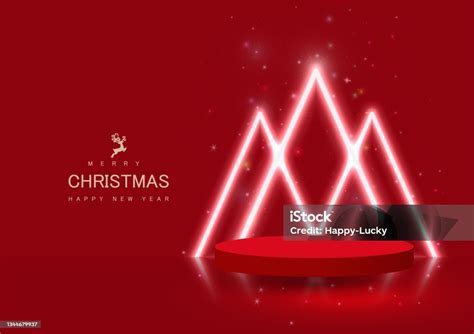 무대 연단나무와 같은 네온 조명 삼각형 모양으로 장식 추상적 인 크리스마스 모형 장면 빨간색 3d 서클 받침대는 제품 쇼 수상 빨간색 배경에서 우승자 벡터 그림입니다 강단에