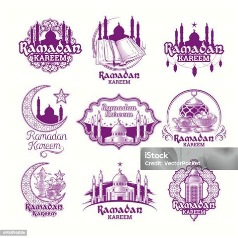 보라색 벡터 일러스트 레이 션 랜 턴과 라마단 카림의 타워에 대 한 서명 모스크 초승달 0명에 대한 스톡 벡터 아트 및 기타 이미지 0명 Ramadan Kareem