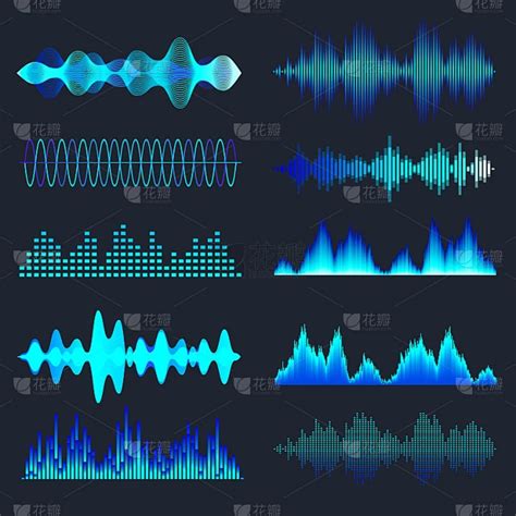 收集蓝色彩色声波。模拟和数字音频信号。音乐均衡器。干扰录音。高频无线电波。矢量图素材 花瓣网