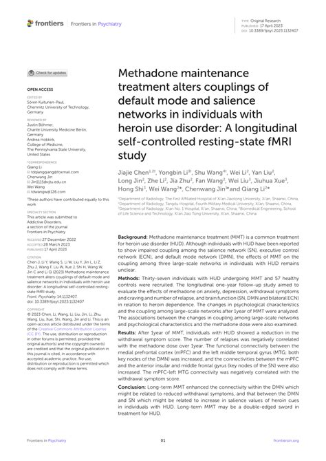 Pdf Methadone Maintenance Treatment Alters Couplings Of Default Mode And Salience Networks In