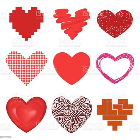 다른 스타일 레드 하트 벡터 아이콘 고립 된 사랑 발렌타인 데이 기호와 낭만적 인 디자인 결혼식 아름다운 축하 밝은 감정 열정 기호 그림 낮에 대한 스톡 벡터 아트 및 기타
