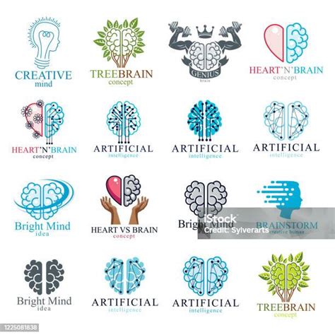뇌 및 지능 벡터 아이콘 또는 기호 개념 집합입니다 인공 지능 밝은 마음 두뇌 훈련 합리적인 사고 대 감정 영혼 창의력 브레인 스토밍 정신 건강 개성 개념에 대한 스톡 벡터