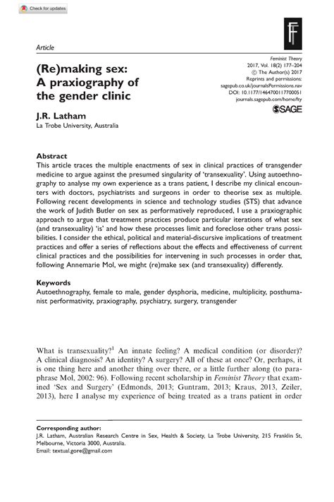 WEEK 7 Latham Re Making Sex A Praxiography Of The Gender Clinic Feminist Theory 2017 Vol