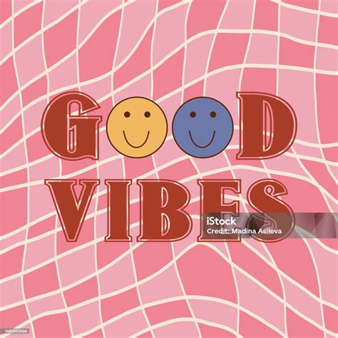 복고풍 그루비 타이포그래피 슬로건 인용문 뒤틀린 체스 배경에 웃는 얼굴 이모티콘으로 좋은 분위기가 인쇄됩니다 트렌디한 60년대 70년대 사이키델릭 레터링 디자인 카드 포스터