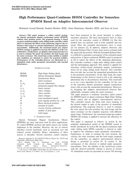 Pdf High Performance Quasi Continous Hosm Controller For Sensorless Ipmsm Based On Adaptive