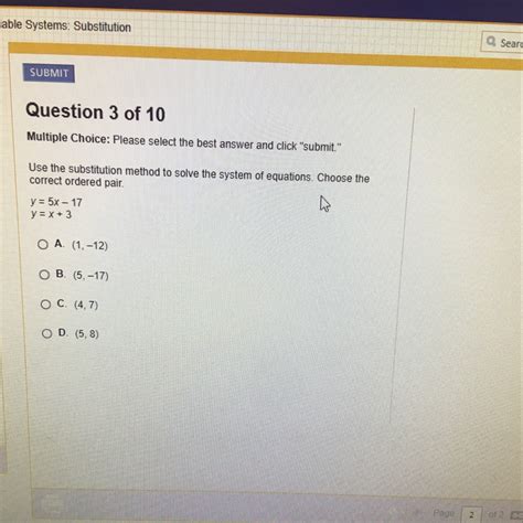 Use The Substitution Method To Solve The System Of Equations Choose The Correct Ordered Pair Y