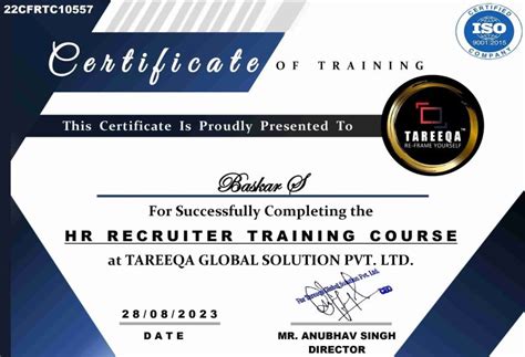 Baskar S On Linkedin Successfully Completed The Course On Hr Recruiter Training At Tareeqa