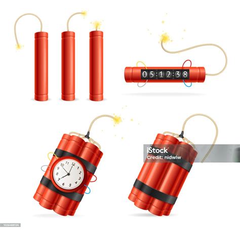 현실적인 상세한 3d 레드 다 이너 마이트 폭탄 세트 폭파 벡터 다이너마이트에 대한 스톡 벡터 아트 및 기타 이미지