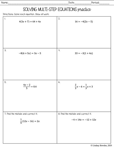 Solving Multi Step Equations Worksheet Algebra 1 Math Printables Fun