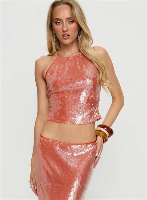 Emalia Halter Sheer Sequin Top Orange Princess Polly