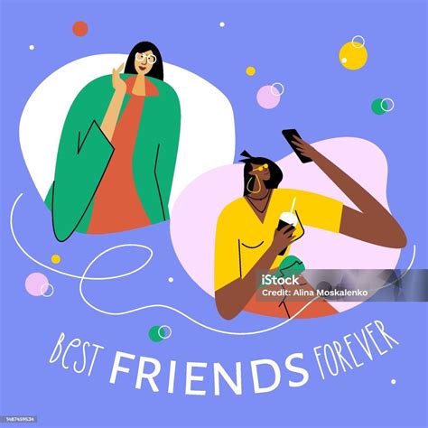 커플 소녀 여자 친구 십대 또는 여성과 함께 벡터 일러스트레이션과 문구 가장 친한 친구 그들은 재미 있고 축하 휴가입니다 포스터