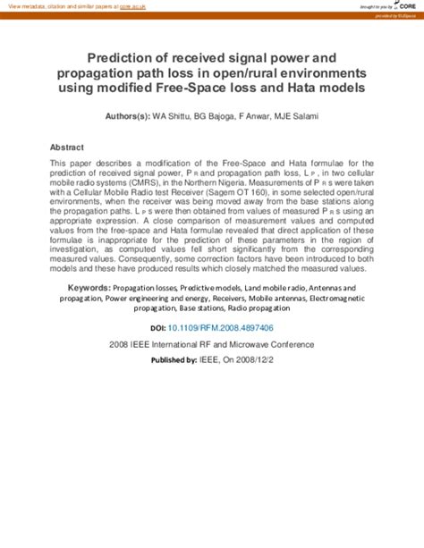 Pdf Prediction Of Received Signal Power And Propagation Path Loss In