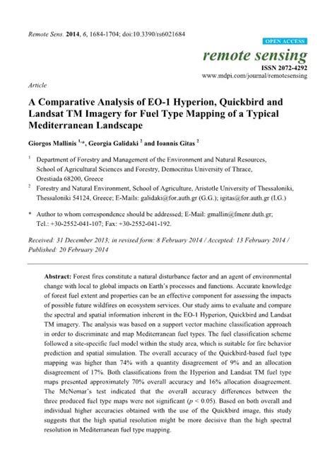 A Comparative Analysis Of Eo 1 Hyperion Quickbird And Landsat Tm Imagery For Fuel Type Mapping