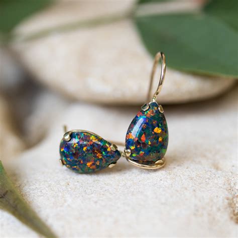14k Gold Black Opal Teardrop Earrings Opal Jewelry October Etsy